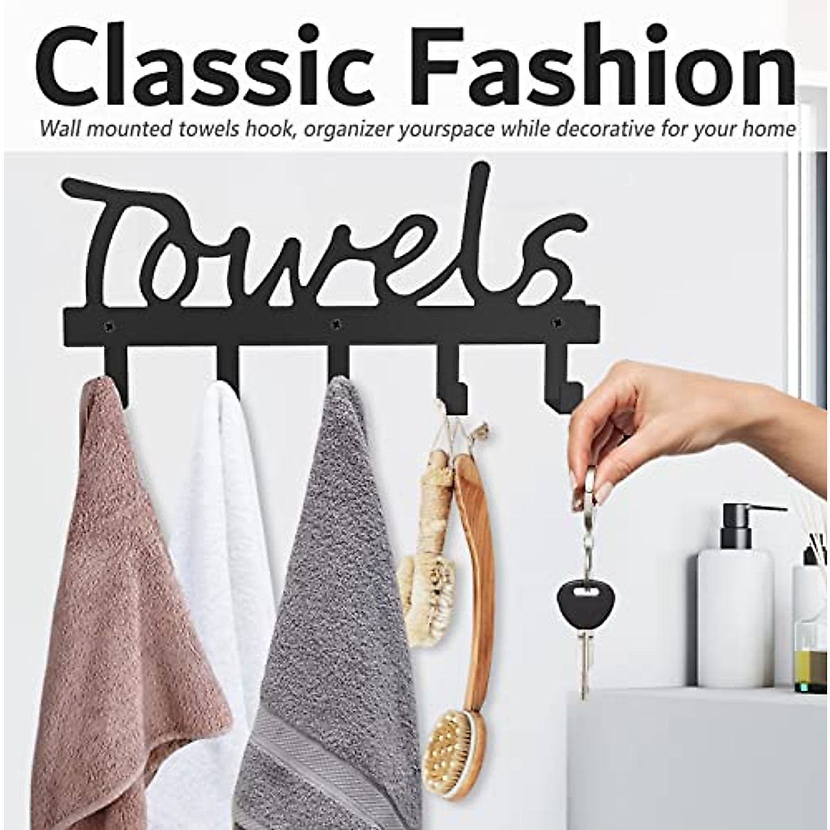 Towels Rack Hanger 5 Hooks Organizer Wall Mount Holder Black Metal Rustproof and Waterproof for Bathroom Storage Rack to Hang Your Towels Robes Clothing Black Space Saving