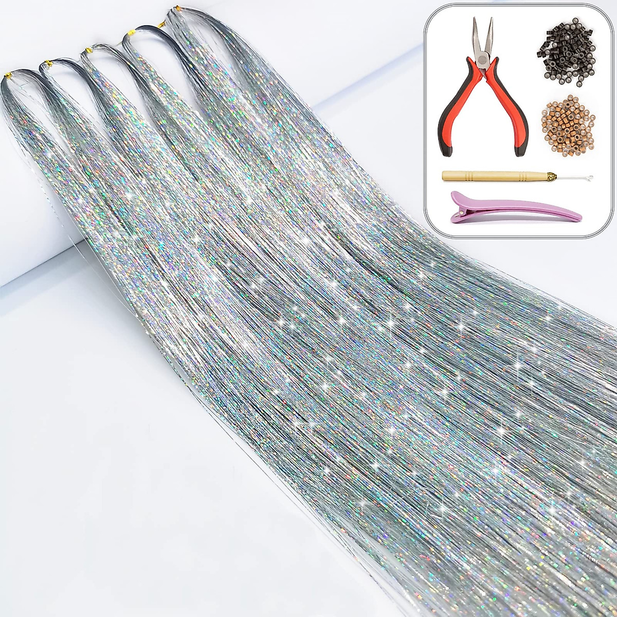 Hair Tinsel Kit with Tools and Instruction Easy to Use 1000 Strands 47 Inches Glitter Tinsel Hair Extensions for Women and Girls, Sparkling Shinny Fairy Hair Accessories for Christmas New Year Halloween Cosplay Party (Silver)