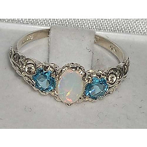 LetsBuyGold 925 Sterling Silver Natural Opal and Blue Topaz Womens Promise Ring - Size 6.5