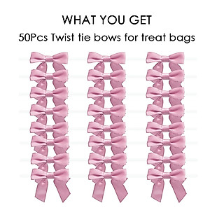 BAISDY 50pcs Twist Tie Bows for Treat Cake Pops Sealing Lollipop Bags Ribbon Bows Craft Twist for Brithday Baby Shower Valentine's Day Christmas Party (Light Pink)