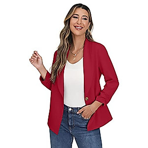 ONLYSTORY Womens Blazer Jackets for Women 3/4 Ruched Sleeve Work Casual Lightweight Blazer with Pockets Red-18