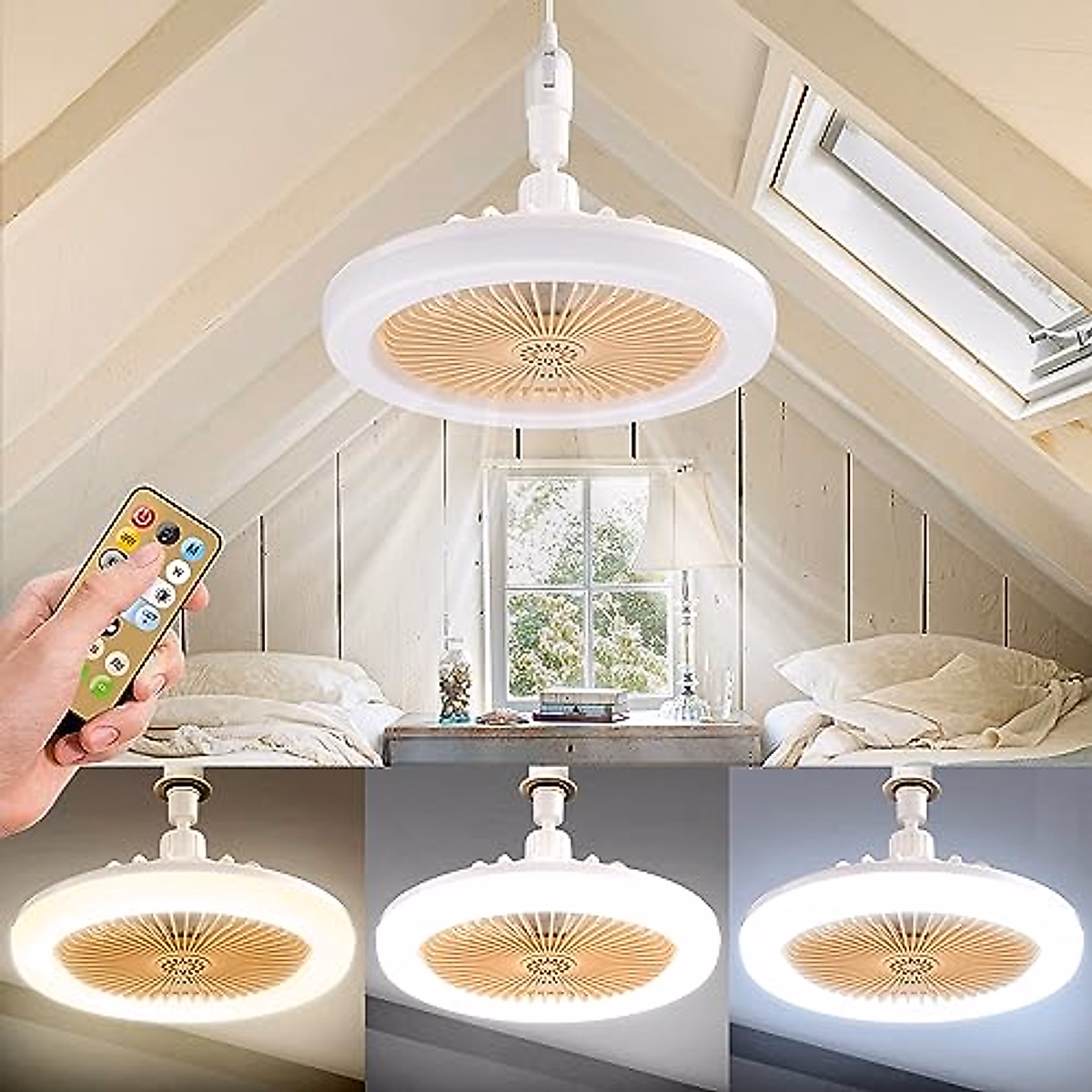 VONFAME Enclosed Ceiling Fan with Light and Remote Small 10-inch E27 Bladeless Ceiling Fans Dimmable LED Lights 3 Gear Wind Speeds Family Summer Gift for Garage Tool Room and Store Room(Yellow)