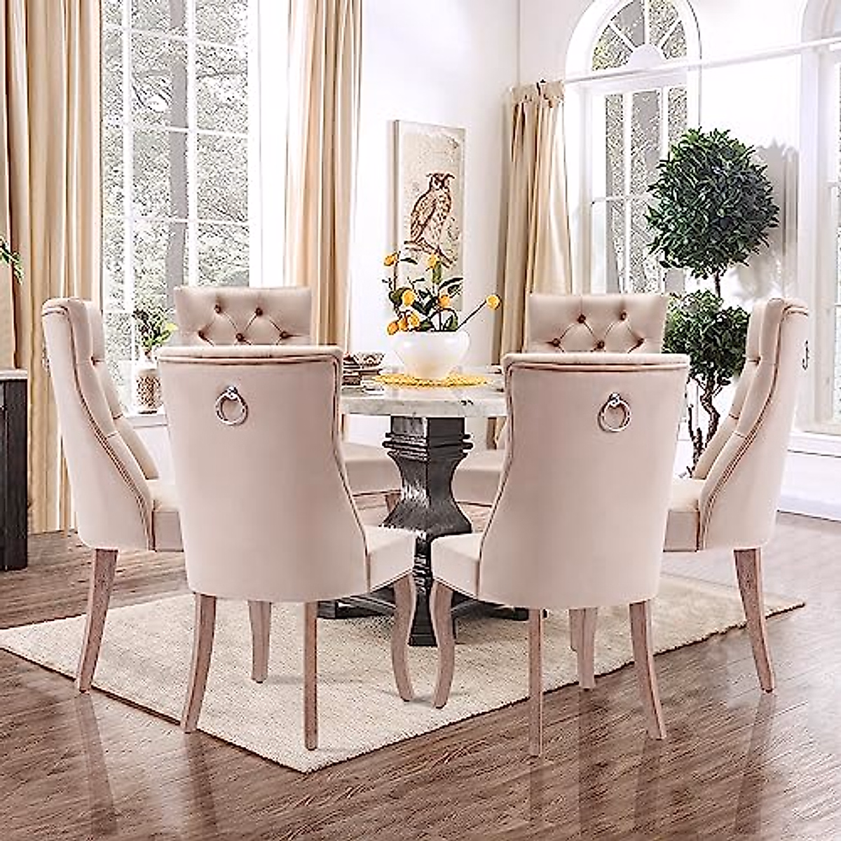 FOREDO Velvet Dining Chairs Set of 2, Upholstered Tufted Dining Chairs with Back Ring Pull Trim and Solid Wood Legs, Tan
