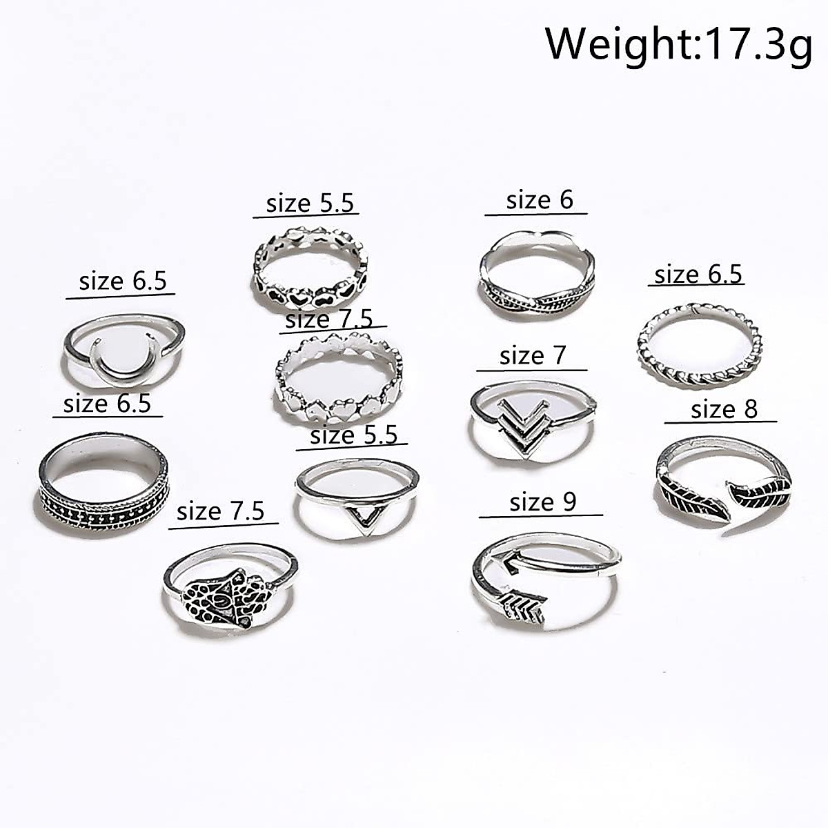 Jumwrit Bohemian Knuckle Rings Set Vintage Finger Rings Set Midi Rings Love Heart Ring Index Rings Silver Band Ring Stackable Rings for Women（11PCS）