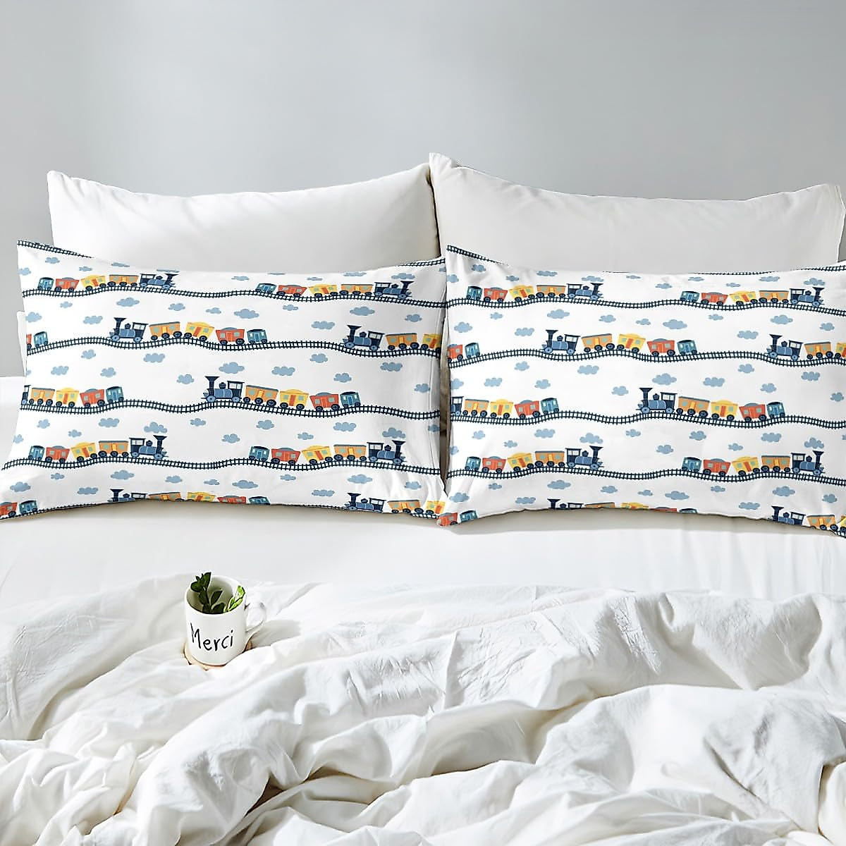 Erosebridal Kids Train Bed Sheets for Boys Girls Cartoon Car Twin Size Sheet Sets Steam Engine Sheets Railway Vehicles Sheet & Pillowcase Sets Transportation Truck Fitted Sheet with 1 Pillow Sham