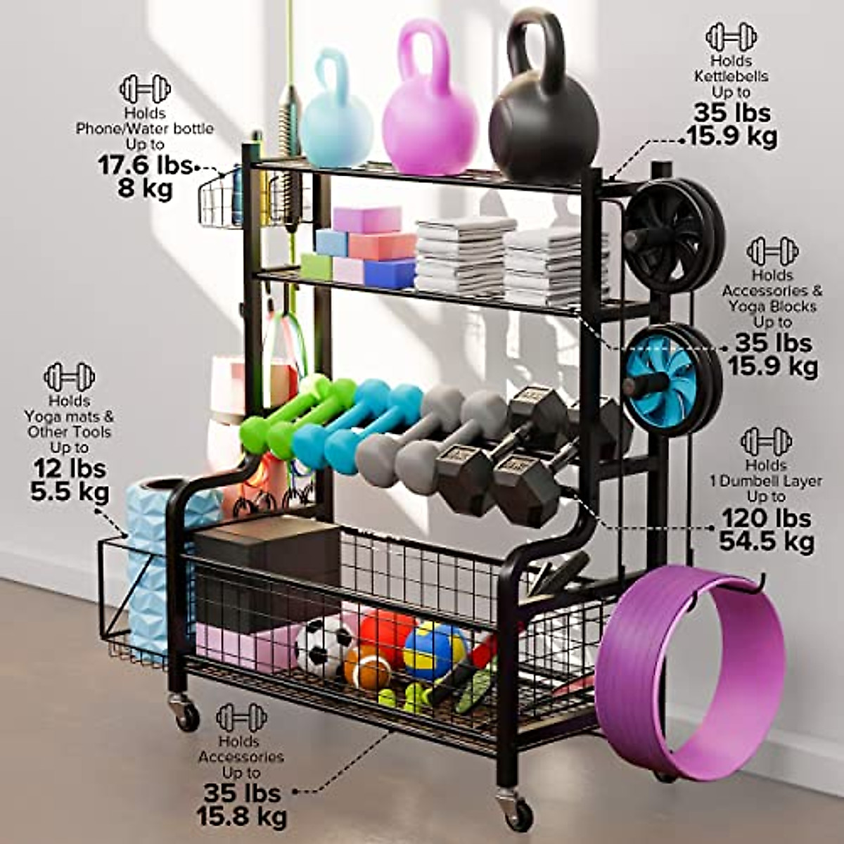 Aestoria Home Gym Storage Rack - Weight Rack for Home Gym with Easily Removable Side Accessories - Versatile Gym Organization for Home Gym with Larges 2.5 Inches Wheels