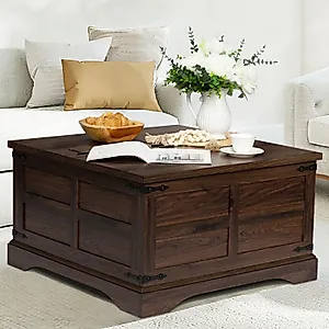 Wnutrees Farmhouse Coffee Table with Hinged Lift Top and Large Hidden Storage Compartment, Rustic Square Wood Central Table for Living Room, Bedroom, Home Office,Walnut