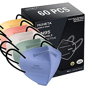 HUHETA KN95 Face Masks, 60 Packs KN95 Mask for Adults, 5-Layer Safety Mask Filter Efficiency≥95%, Morandi Multi Color
