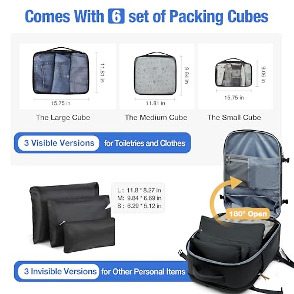 Lekeinchi Carry On Backpack for Airlines - 32L Large Travel Backpack with Shoe Compartment - 17 Inch Laptop Backpack with 6 Packing Cubes for Men for Business Trip, Black