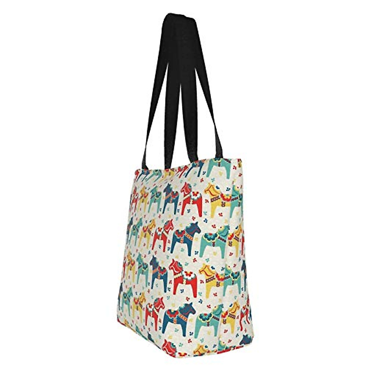antcreptson Swedish Dala Horses Extra Large Canvas Shoulder Tote Top Storage Handle Bag for Gym Beach Weekender Travel Reusable Grocery Shopping,Black White
