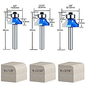 Helovmine 1/4 Inch Shank Roundover Router Bit Set, Corner Rounding Edge-Forming Bit Set-1/8", 5/32", 3/16", 1/4", 5/16", 3/8", 7/16" Radius Woodworking Milling Tools (7Pcs)