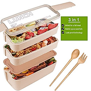 Iteryn Bento Adults Lunch Box, Stackable Bento Box, 3-In-1 Compartment - Wheat Straw, Leakproof Eco-Friendly Bento Lunch Box Meal Prep Containers