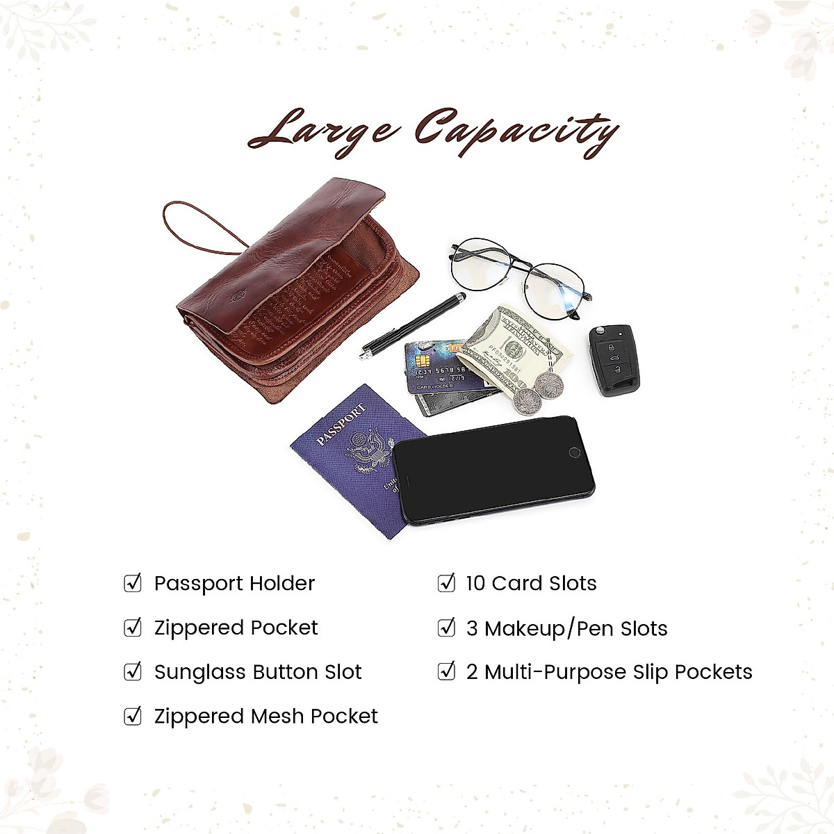 OLD TREND Nomad Organizer Travel Wallet - Cowhide Leather Passport and Card Holder with Sunglass Pouch, Pen Slots, Elastic Retainer, Zipper Pocket - Customizable, Lots of Pockets - For Men and Women