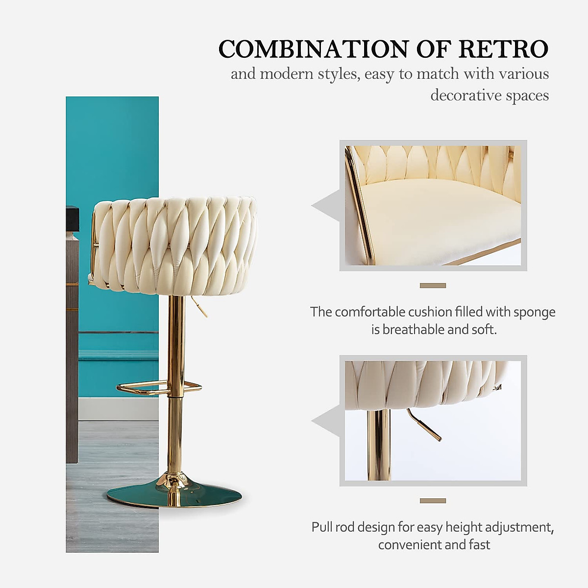 Kiztir 360° Velvet Swivel Bar Stools Set of 4, Adjustable Counter Height Bar Chairs with Woven Back & Footrest, Luxury Gold Bar Stools for Kitchen Island, Cafe, Pub (Ivory)