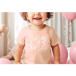 One Floral 1st Birthday Shirt for Baby Girls First Birthday Outfit White on Peach Shirt 12 Months
