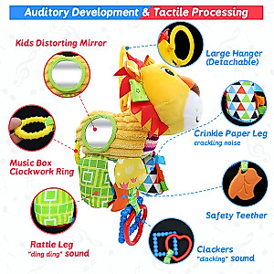 JERICETOY Baby Toy Plush Infant Toy with Musical Box Baby Carseat Toy Stroller Hanging Toy Development Toy with Rattles Crinkle Teether Magic Mirror, Stroller Clip-On Carseat Cot Crib Bed - Lion