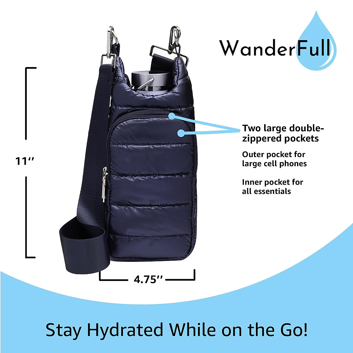WanderFull Original Crossbody HydroBag | Quilted Water Bottle Carrier | Puffer Tote Tumbler Holder with Pockets for Purse, Phone & Accessories | Carry Travel Essentials (Navy Shiny & Solid Strap)