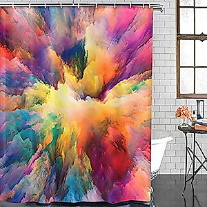 ArtSocket 4 Pcs Shower Curtain Set Yellow Red Teal Colorful Modern Abstract Paintingwith Non-Slip Rugs Toilet Lid Cover and Bath Mat Bathroom Decor Set 72" x 72"