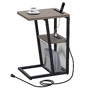 Heybly Side Table C Shaped Nightstand End Sofa Table with Charging Station, Phone Holder, 2 USB Ports and Power Outlets, Snack Couch Tables for Small Spaces, Greige and Black HET001CSG1