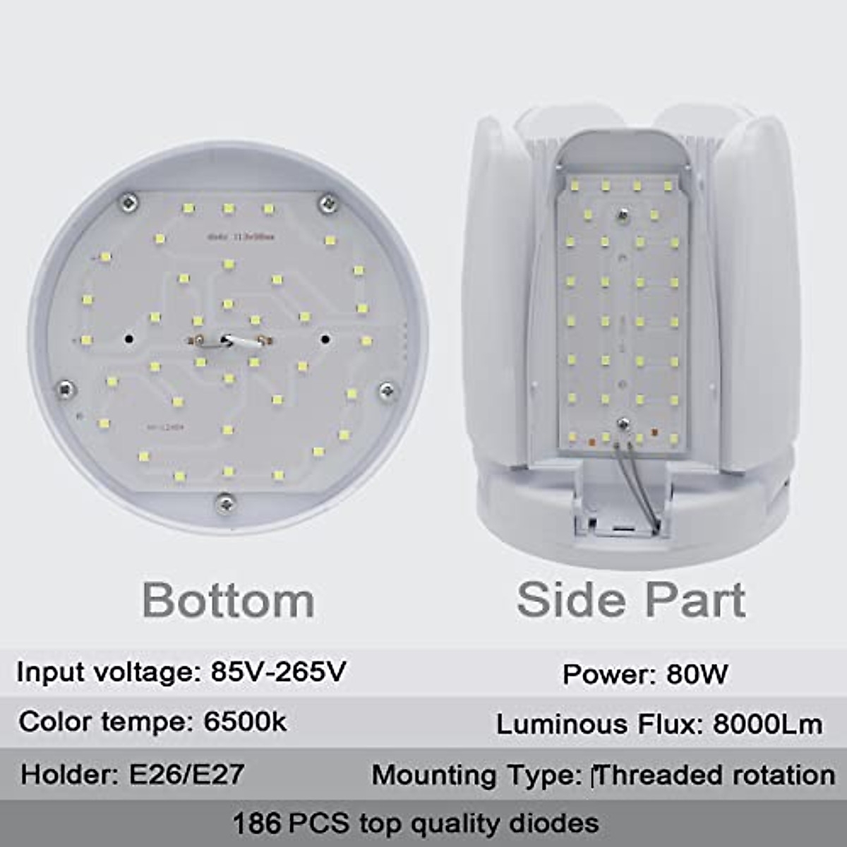 YWD 80W LED Garage Lights (800W Equivalent) 8000LM E26/E27 Daylight 6500K Super Bright Garage Light Adjustable Garage Light for Garage,Workbench,Barn,Warehouse … …