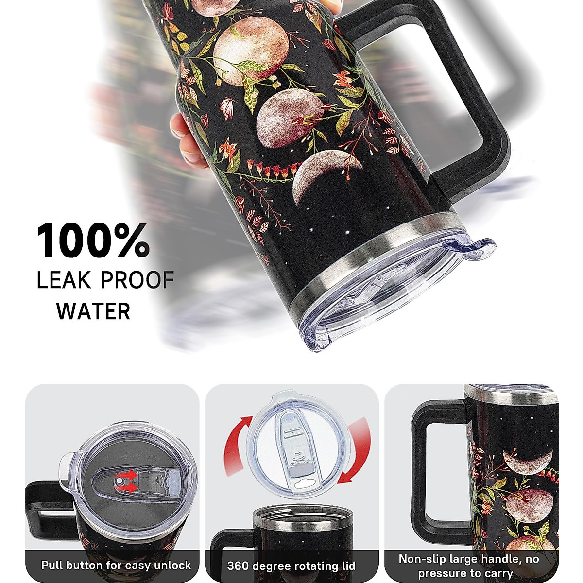 Rcvlauf 40 oz Tumbler with Handle and Straw Goth Tumbler Leak Proof Insulated Cup 40 oz Gothic Flower Moon Coffee Travel Mug Witchy Decor Stuff Goth Gifts for Women