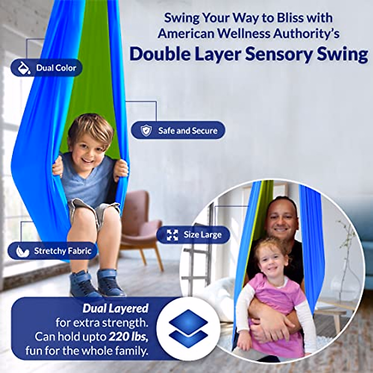 American Wellness Authority Sensory Swing for Kids Indoor, 360° Swivel, Reversible Sensory Swing for Adults, Double Layered Hammock Swing for Kids with Special Needs Great for ADHD/ADD (Green/Blue)