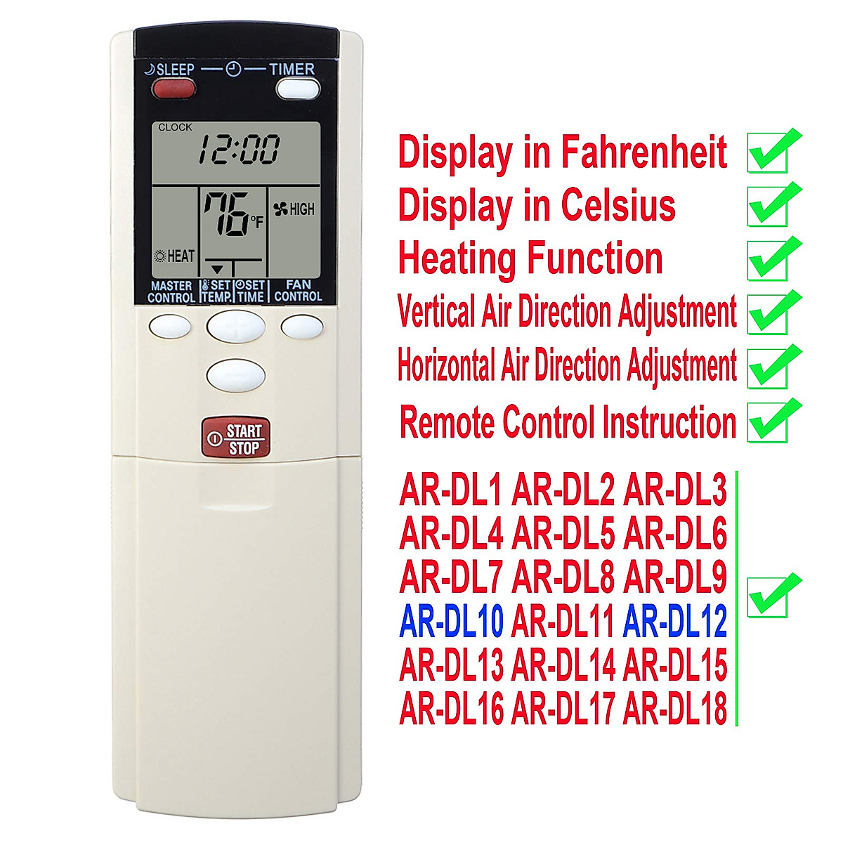 RCECAOSHAN Replacement for Friedrich Air Conditioner Remote Control AR-DL12 ARDL12 MW18C3E MW24C3E MW30C3E MR18C3E MR24C3E MR30C3E Display in Fahrenheit and Celsius