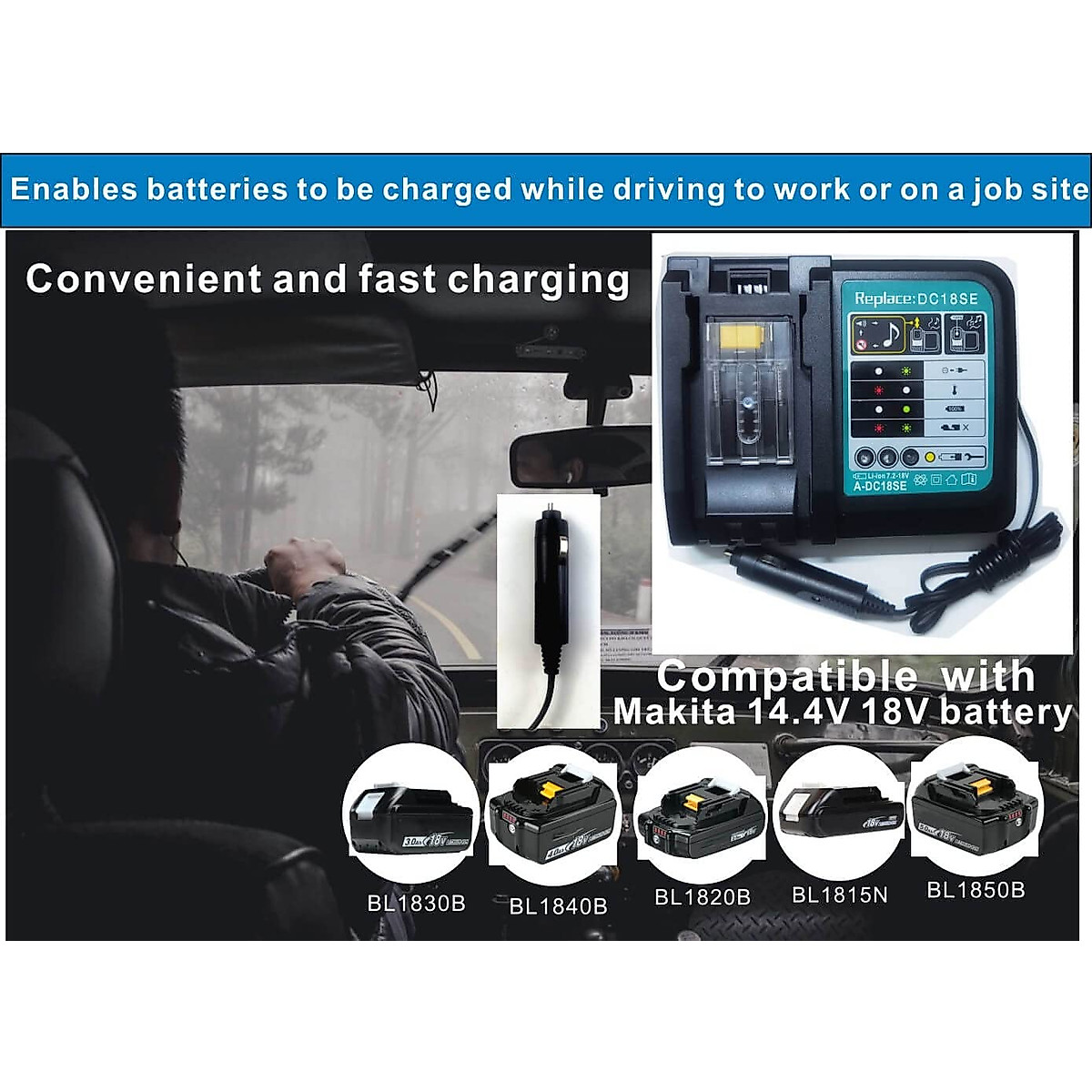 Compaitble with Makita DC18SE Lithium Ion Vehicle Charger,Car Battery Charger, for Battery BL1835B BL1845B BL1845 BL1820 BL1820B BL1815 BL1815B BL1835 BL1840 BL1840B