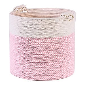 Pink Storage Basket, Woven Cotton Rope Basket 15" x 15" x 13.8" Laundry Hamper Blanket Basket with Handle for Baby Girl Toy Cloth Organizing