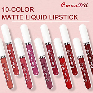 evpct CmaaDU 10Pcs Liquid Matte Matt Lipstick Set for Black Women, Dark Deep Bright Ruby Sexy Brick Mauve Plum Red Violet Purple Matte Lipstick Long Lasting Lipstick 24 hour Waterproof Lip Gloss Matte
