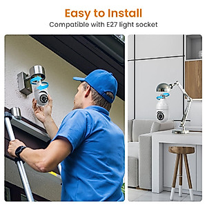 EKEN 1080p Light Bulb Security Camera, 355 Degree Pan/Tilt Panoramic IP Camera, Home Surveillance Cameras System, Human Detection, Alarm, Two-Way Audio, Night Vision, 2.4G WiFi, Pet Monitor