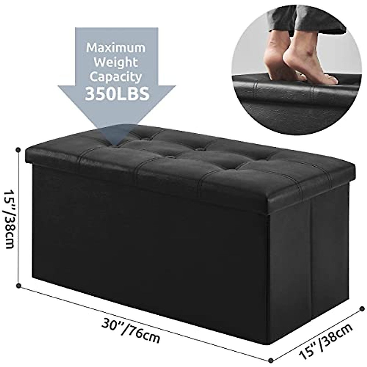 YOUDENOVA 30 inches Folding Storage Ottoman, 80L Storage Bench for Bedroom and Hallway, Faux Leather Black Footrest with Foam Padded Seat, Support 350lbs