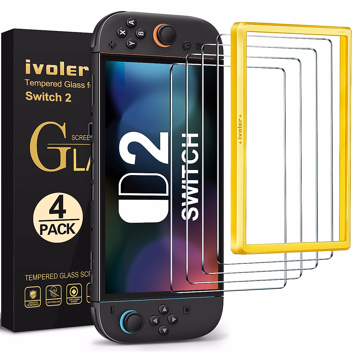 ivoler 4-Pack Screen Protector Tempered Glass for Nintendo Switch 2 [7.9 inch] 2025 with [Alignment Frame] Travel Case Friendly Accessories Transparent Clear Screen Protector for Nintendo Switch 2