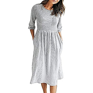 MEROKEETY Women's 3/4 Balloon Sleeve Striped High Waist T Shirt Midi Dress