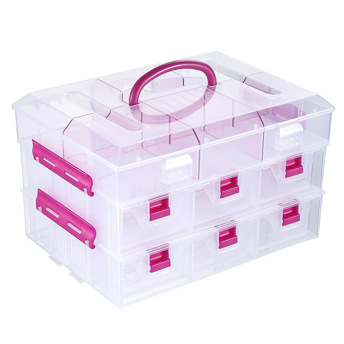 MyGift 11 Inch Clear Arts and Crafts Stackable Container, Sewing Supplies Storage Organizer Case with Pink Accents, 24 Customizable Compartments, and 6 Drawers with Removable Dividers