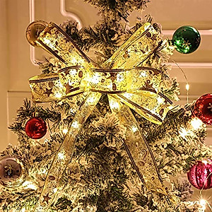 GIHOO Christmas Tree Decorations String Lights 32ft 100 LED Lights Copper Wire Ribbon Bows Lights for Party Weddings Holiday Christmas Tree Decorations (Gold Warm Light Battery Powered)