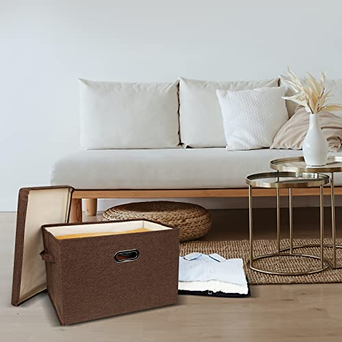 DAYARD Foldable Storage Boxes with Lids Linen Fabric Stackable Storage Bins Organizer Containers Baskets Cube with Cover for Closet Office Nursery, Coffee Large (18 x 12 x 12)…