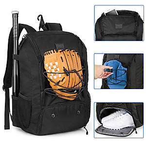 MATEIN Baseball Bag, Large Softball Bag with Shoe Compartment, Bat Bags for Men and Adult, Baseball Backpack with Fence Hook Hold TBall Bat, Batting Mitten, Helmet, Teeball Gear, Black