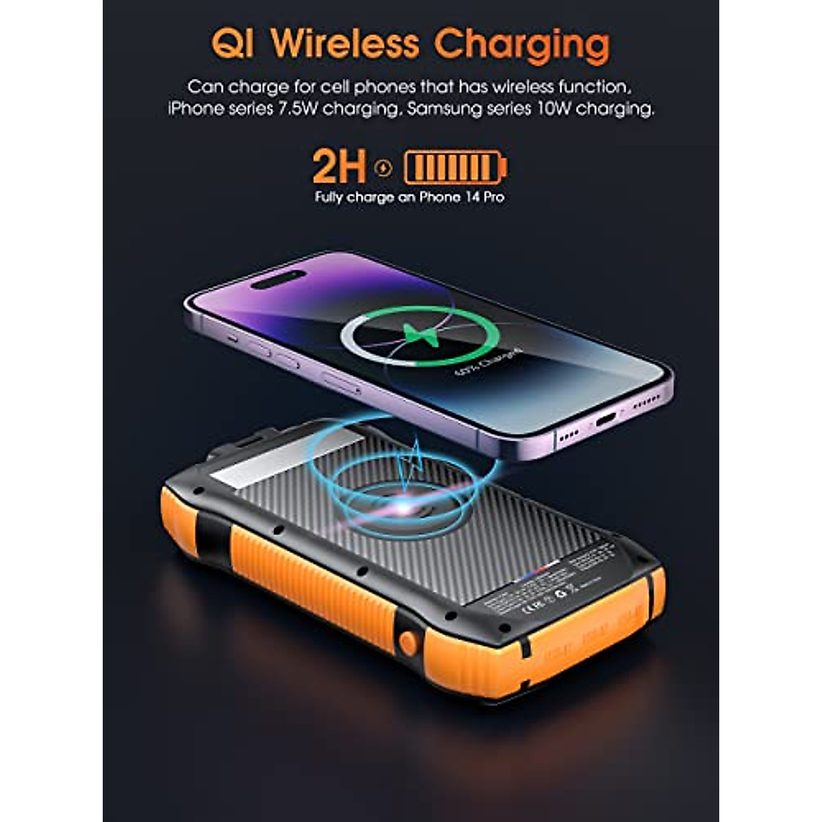 Solar Power Bank, MOSKIZ Portable Charger 33500mAh QC3.0 18W PD 20W Fast Charging, Portable Phone Charger with 10W Wireless 5 Outputs IP67 Waterproof 6W Bright Flashlight for iPhone Samsung etc.