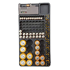 Wall Mounted Battery Organizer with Built-in Tester | Dimensions: 13.8" x 6.9" x 1.7" | Holds 98 Batteries | Wall Mounted | Battery Tester