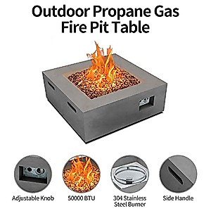 Kante 35 Inch Propane Fire Pit Table, Square Concrete Outdoor Fire Pit, 50,000 BTU for Outside Garden Patio Concrere Gray