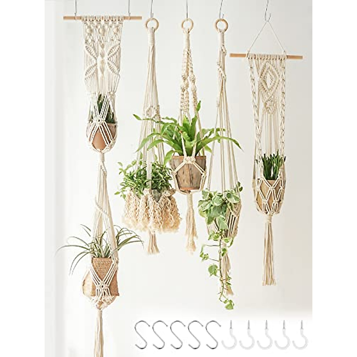 WXS-CHALL 5 Pack Macrame Plant Hangers Hanging Planter, Cotton Rope Hanging Plant Holders Decorative Flower Pots Indoor Outdoor Boho Home Decor (5 Size and 10 Hooks)