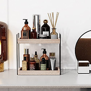2 Tier Bathroom Countertop Organizer, Wood Counter Standing Rack Cosmetic Holder, Countertop Storage Shelf Cosmetic Organizer Holder, Vanity Organizer Kitchen Spice Rack Basket Storage Counter Shelf