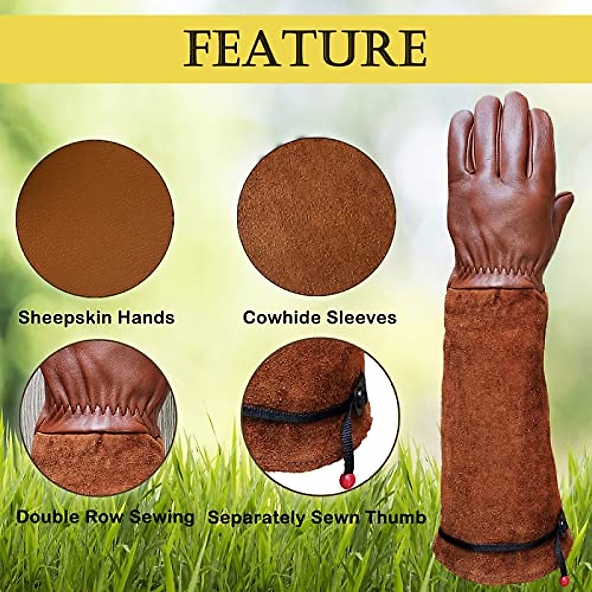 AOUCHI Long Leather Gardening Gloves for Women Men Kid, Breathable Cowhide Rose Pruning Thorn Proof Gloves with ﾠForearm Protection, Sheepskin Palms Cowhide Sleeves Garden Yard Safety Work Gloves(M)