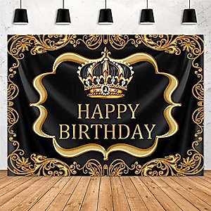 Aperturee Black and Gold Happy Birthday Backdrop 7x5ft Little Baby Boy Prince King Crown Photography Background Celebration Party Decoration Supplies Cake Table Banner Photo Booth Prop