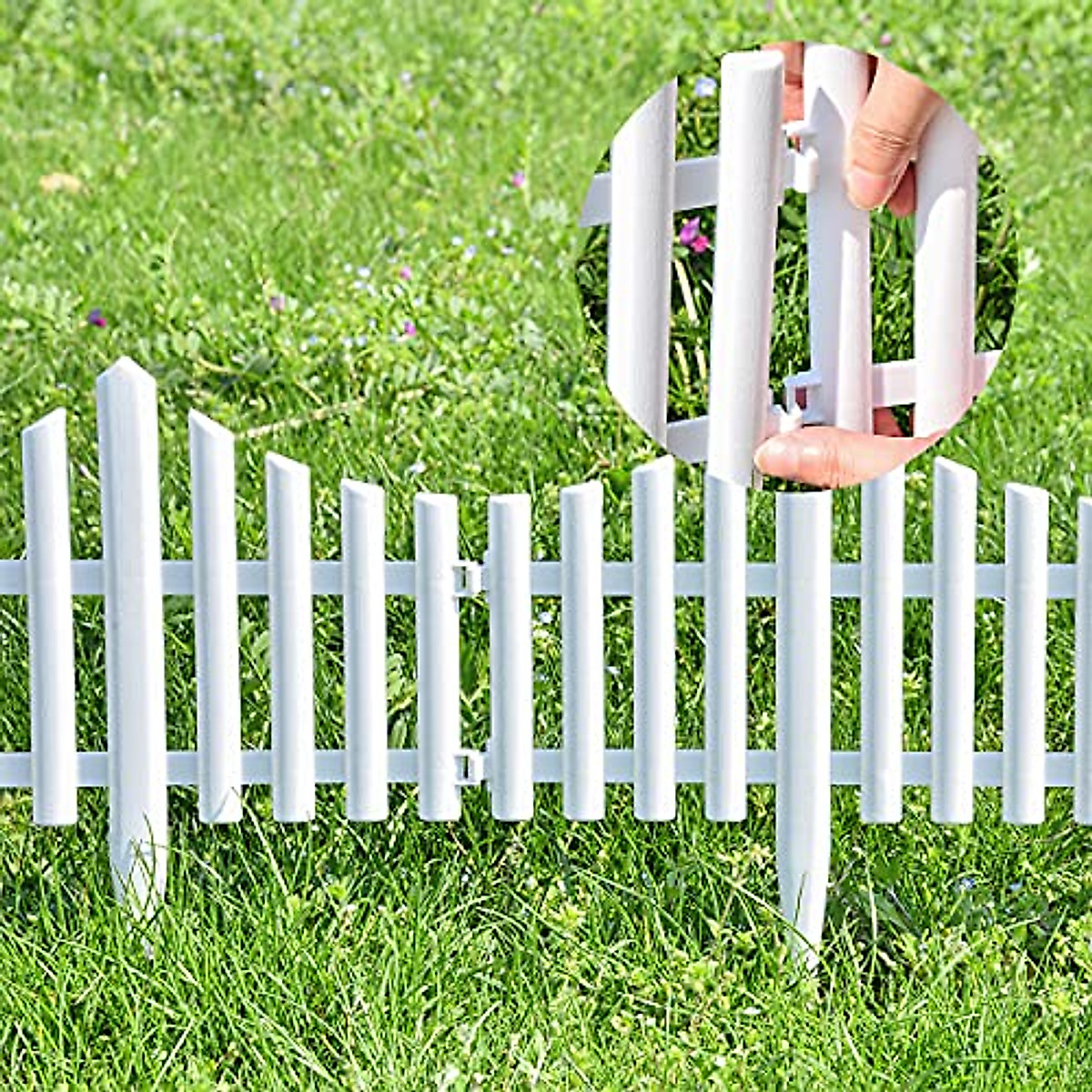 Sungmor Plastic White Edging Garden Picket Fence - Grass Lawn Flowerbed Plant Borders - Decorative Landscape Path Panels - 13in Tall, Pack of 4 (Overall Length 8 ft) - Lightweight & Easy Installation