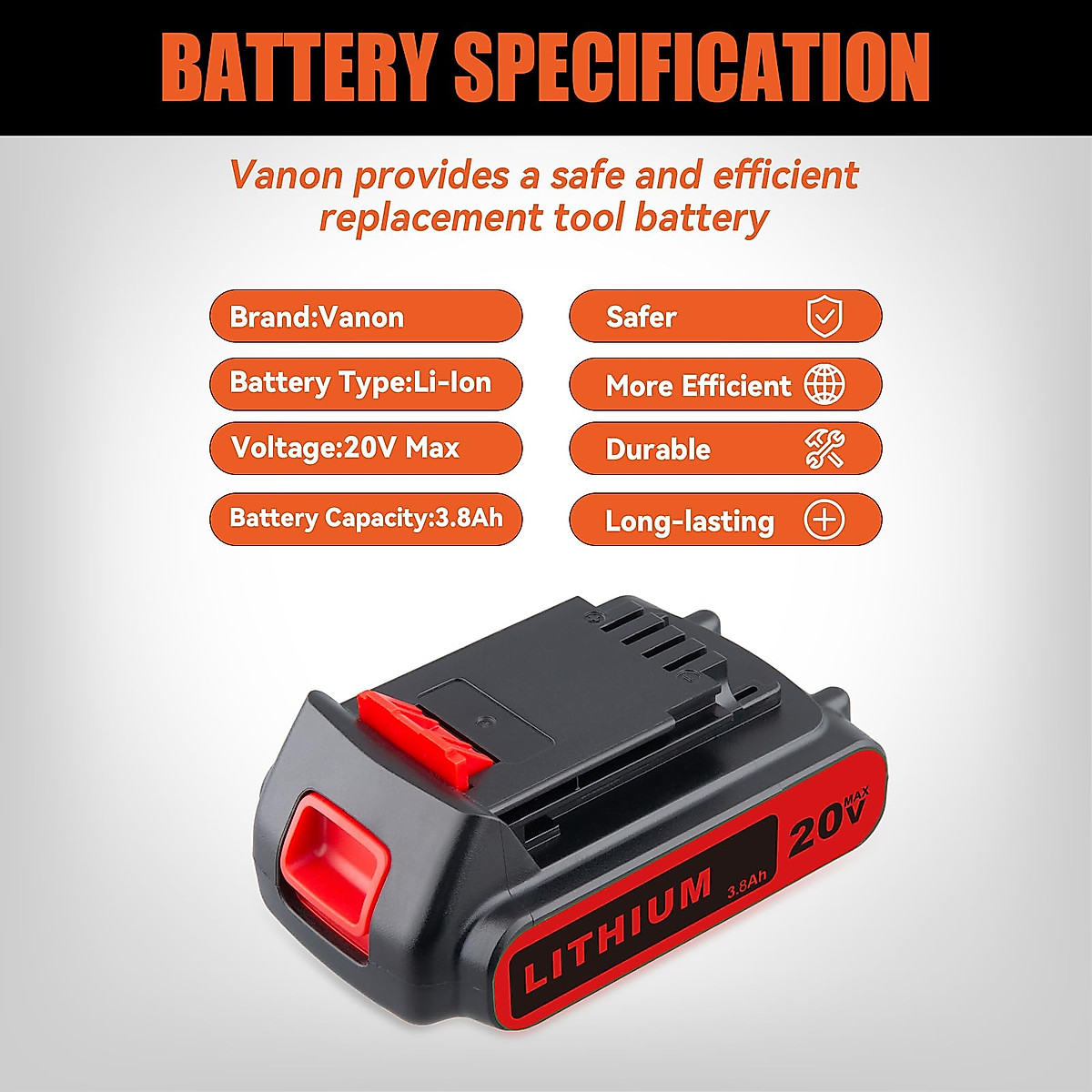 VANON 2Pack 3800mAh LBXR20 20V MAX Battery Replace for Black & Decker 20V Battery Lithium ion LBXR20 LBXR20-OPE LB20 LBX20 LBX4020 LB2X4020-OPE