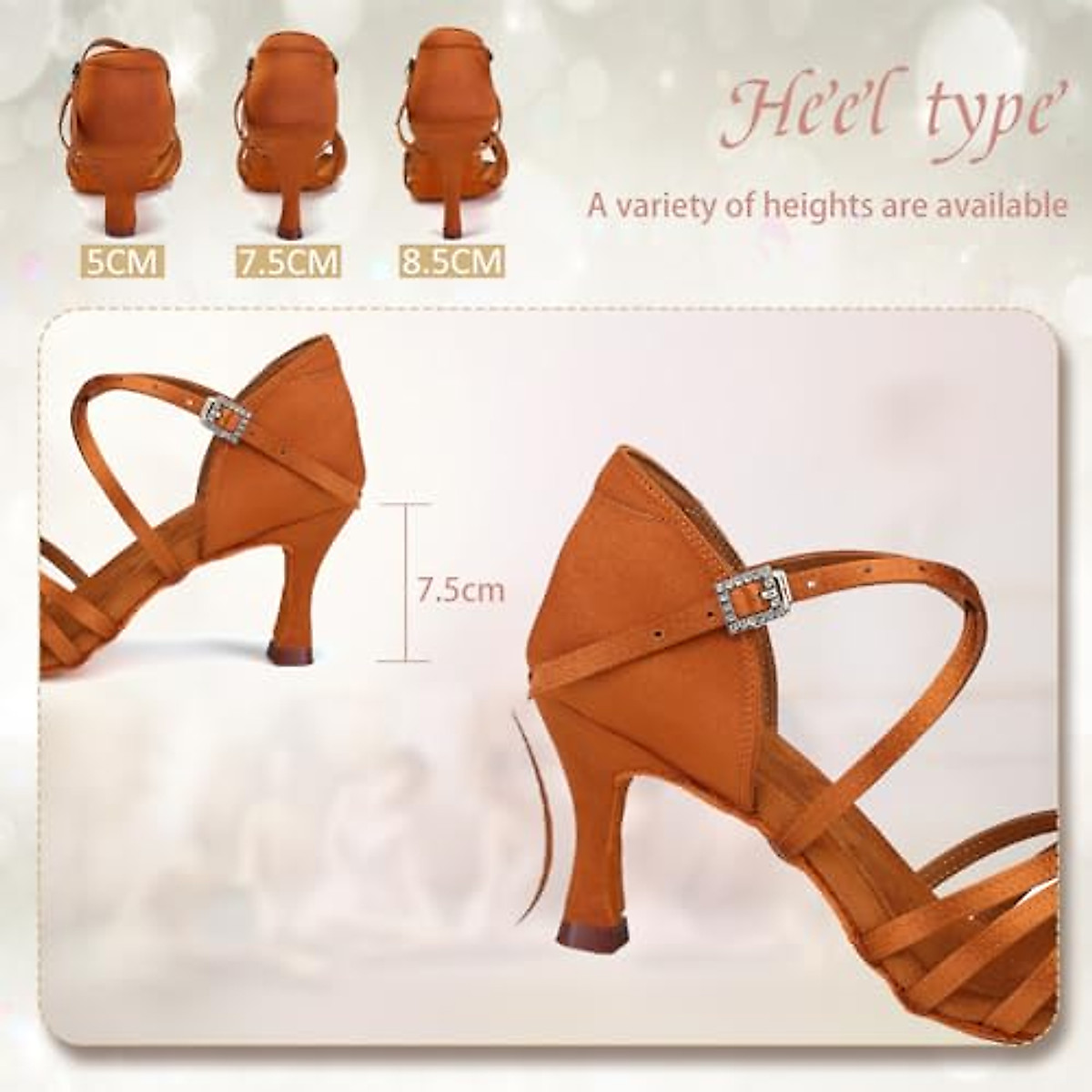 JUODVMP Women's Latin Dance Shoes Brown Satin Open Toe 3 inch Heel Ballroom Salsa Dance Sandals with Suede Sole,7.5US