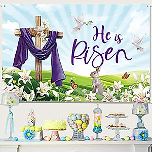 Arosche Easter Decorations He is Risen Banner 72" x 48" Backdrop Cross Lily Religious Christian Photography Sping Summer Seasonal Holiday Backdrop for Indoor Outdoor Garden,Yard,Party Home Decorations