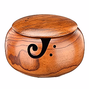 LPAYOK Wooden Yarn Bowl, Knitting Yarn Bowls with Lid, Holes, Crochets, Round Bowl Holder Handmade Yarn Storage Bowl Perfect for DIY Craft Knitting Crocheting 6.3x3.7